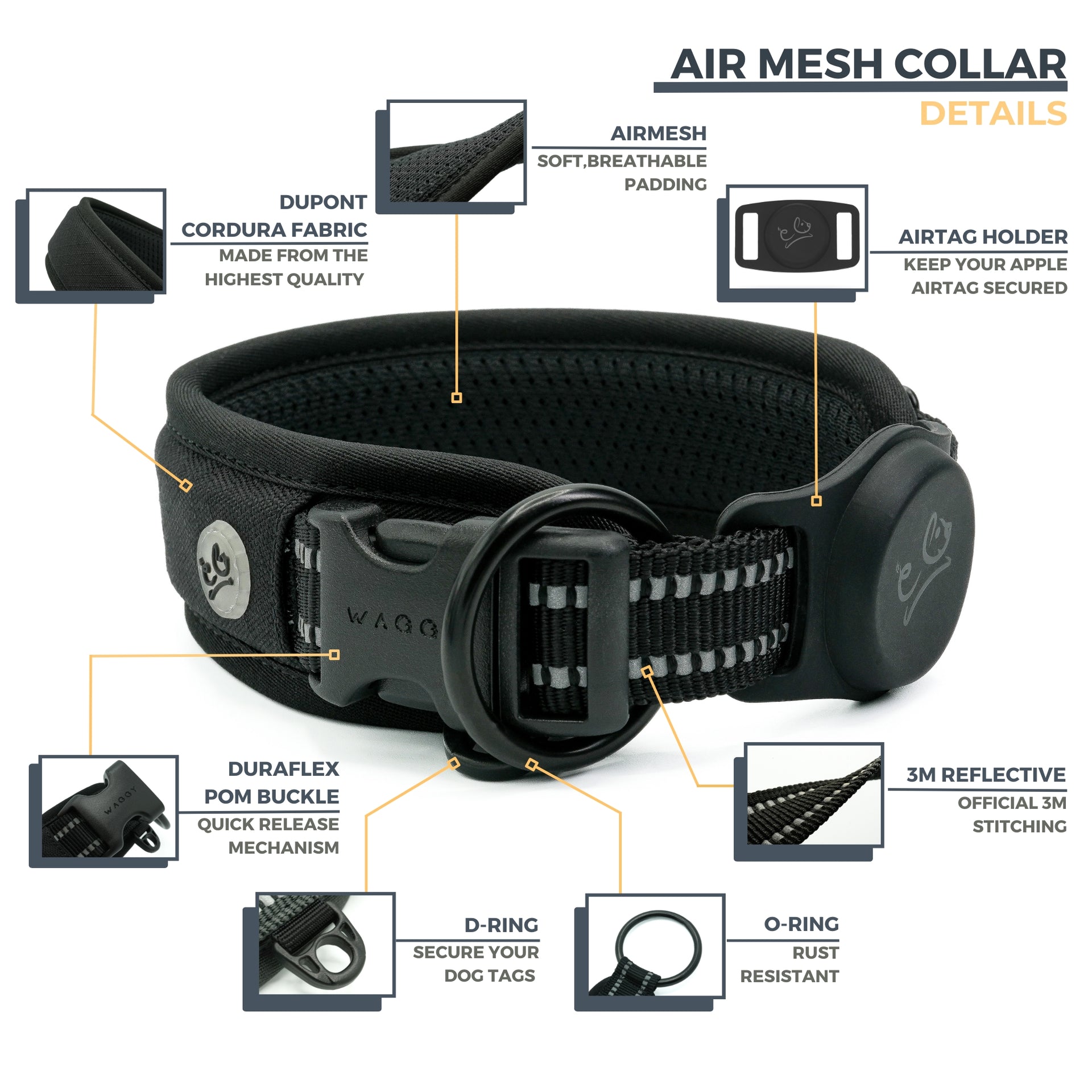 Airtag Dog Collar Air Mesh Ultra Soft Padded 3M Reflective Collar (Bla ...